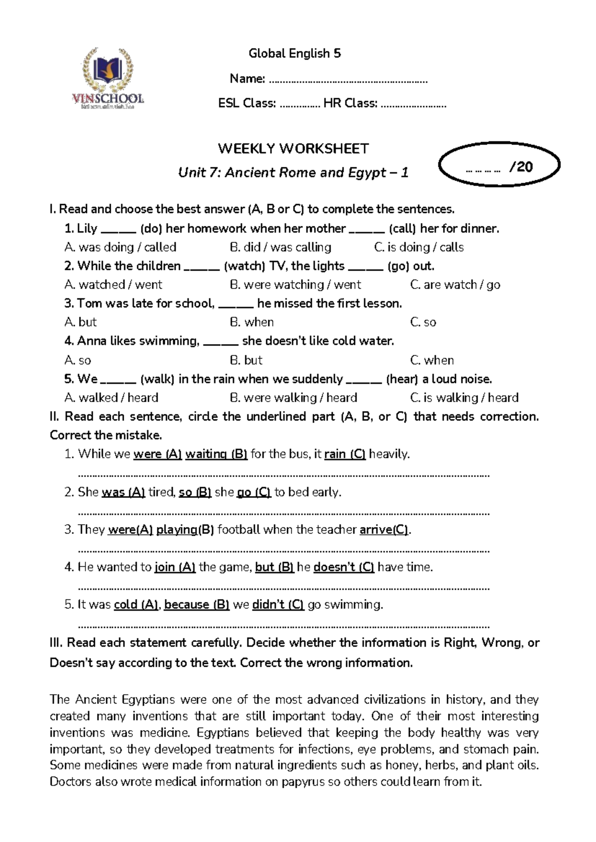 S5 W22 U6&7 Weekly Worksheet: Ancient Rome & Egypt Exercises - Studocu