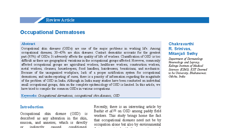 Occupational Dermatoses: A Comprehensive Review on OSDs - Studocu