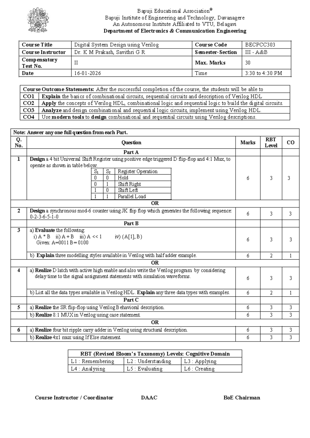 CIE2 BECPCC303 - Digital System Design Compensatory Test Notes - Studocu