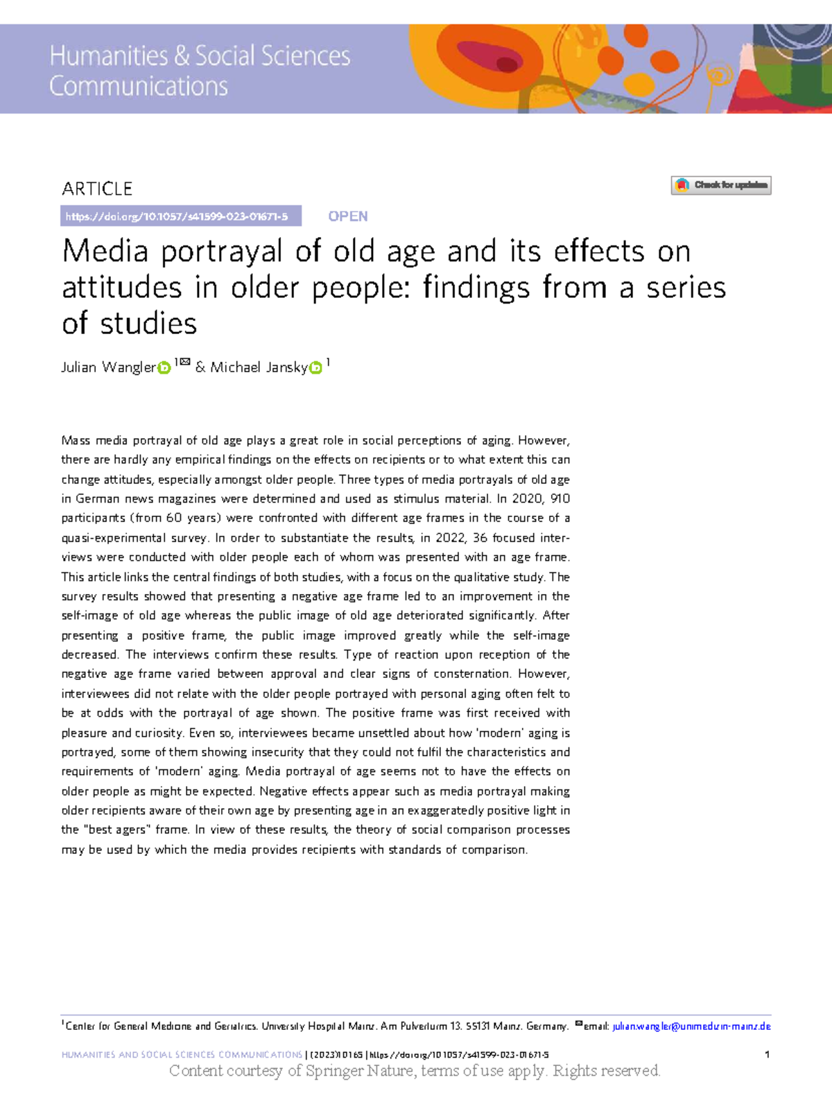 Media Portrayal of Old Age: Effects on Attitudes in Seniors (HUMANITIES ...