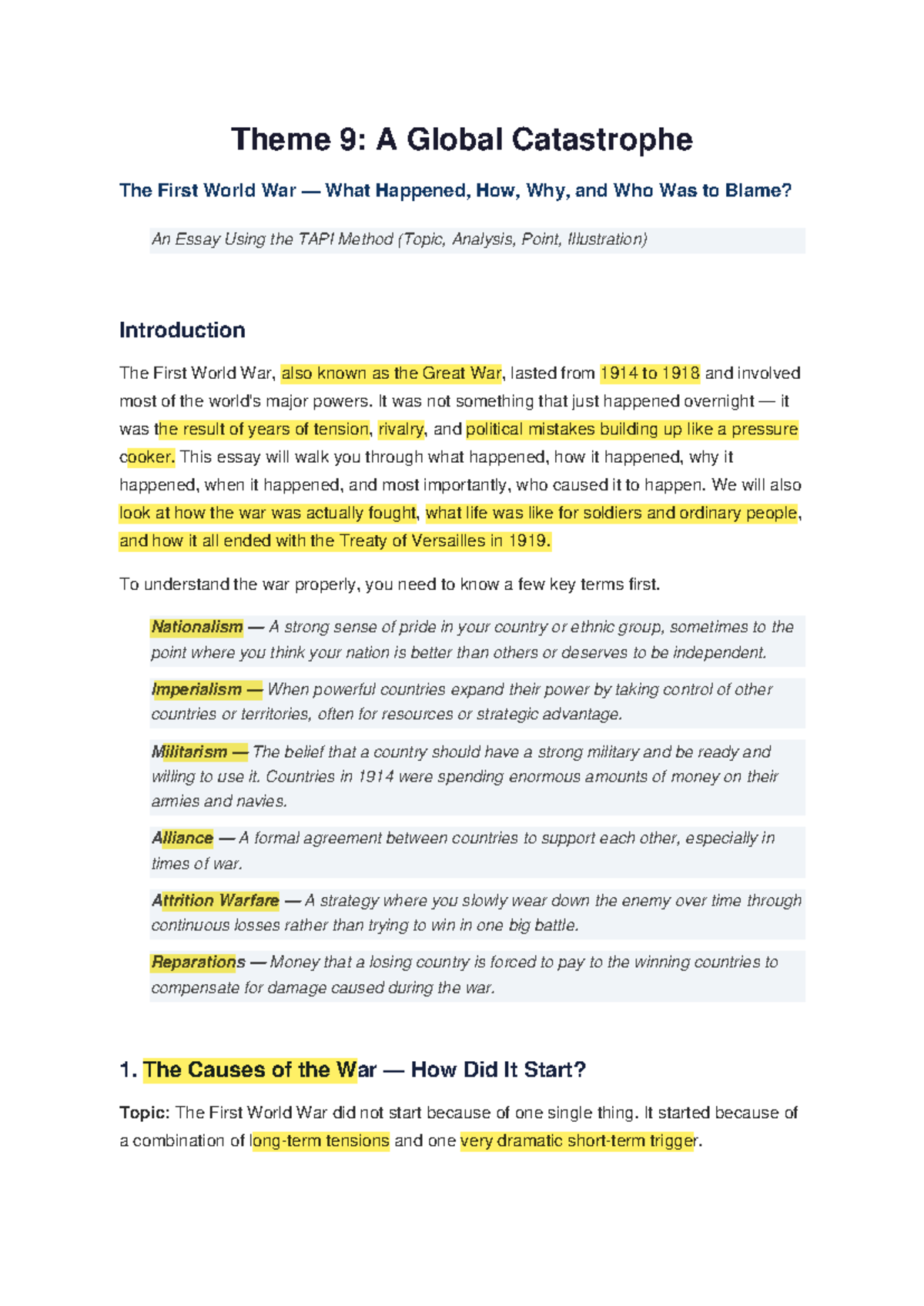 Theme 9: A Global Catastrophe - WWI Essay - Studocu