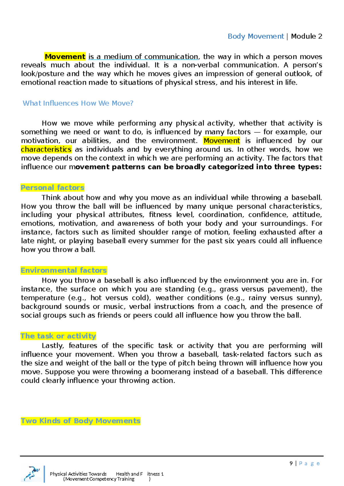 Body Movement Module 2: Influences on Movement Patterns - Studocu