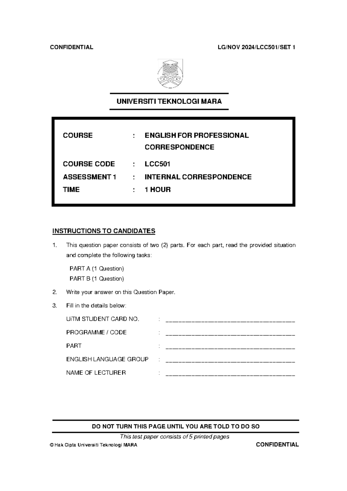 LCC501 Internal Correspondence Assessment QP (SET 1) - Studocu