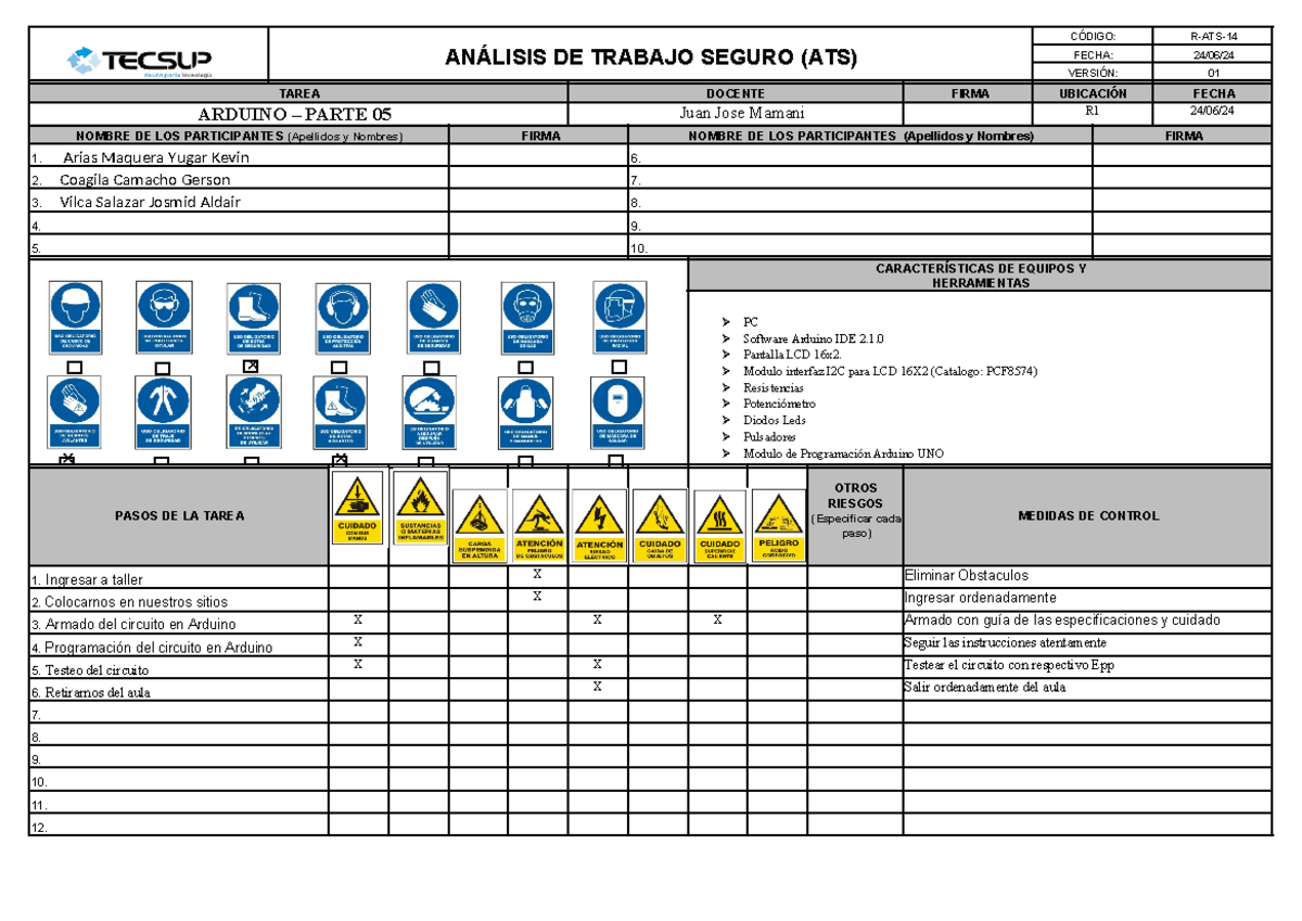 Análisis de Trabajo Seguro - ATS - R-ATS-14 - Arduino Parte 05 - Studocu