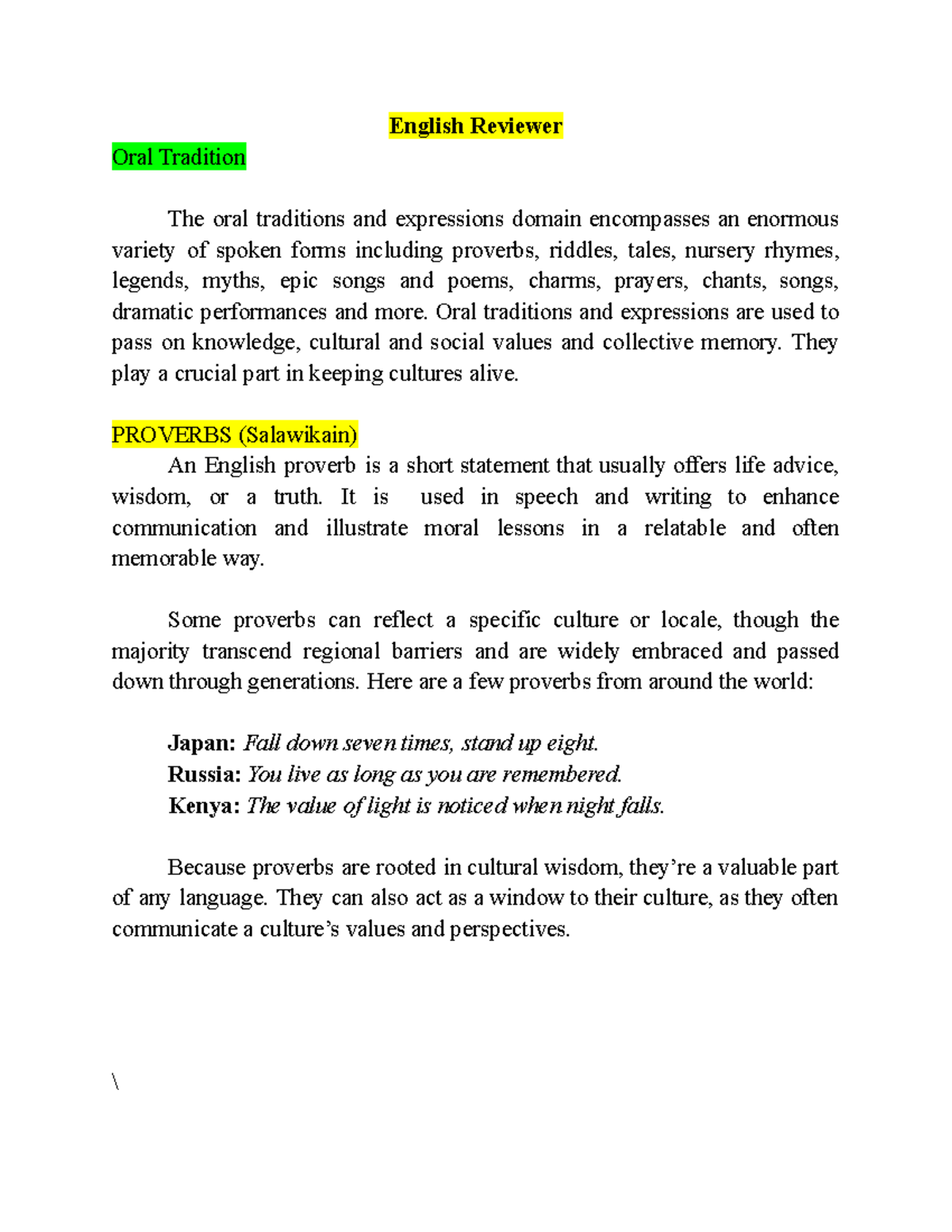 English Reviewer: Oral Traditions and Proverbs - G7 - Studocu