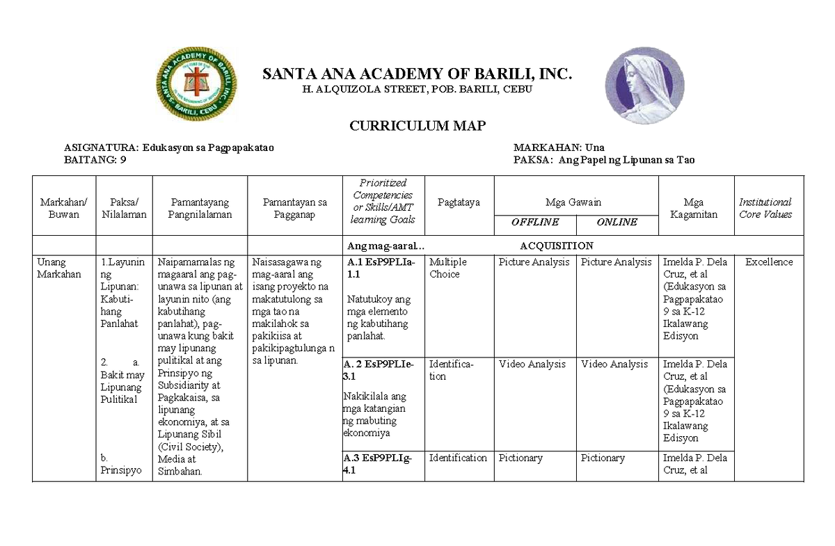 ESP 9 Curriculum Map 2023-2024: Key Competencies and Assessments - Studocu