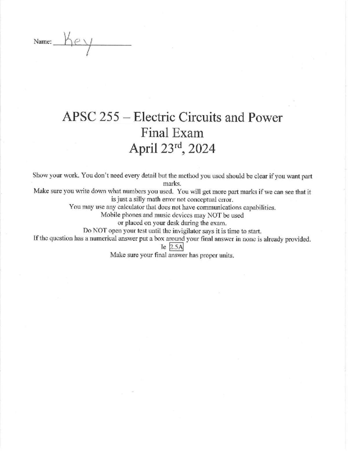 APSC 255 Electric Circuits & Power Final Exam Solutions April 2024 ...