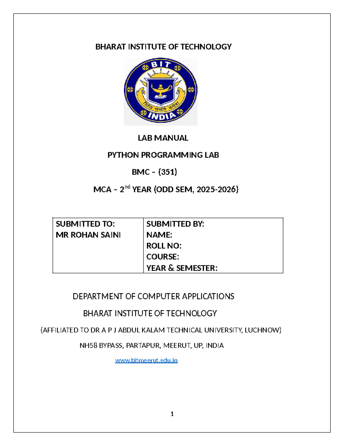 Python Programming Lab Manual BMC (351) - MCA 2nd Year - Studocu