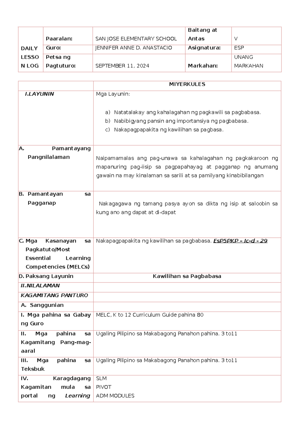 ESP 5 DLL - Lesson Plan on Interest in Reading - Studocu