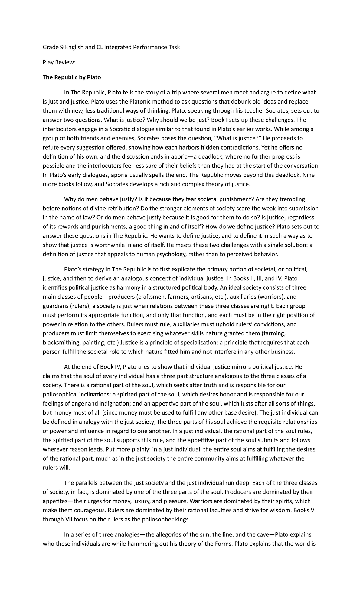 Grade 9 English and CL Integrated Performance Task - BS Mechanical ...