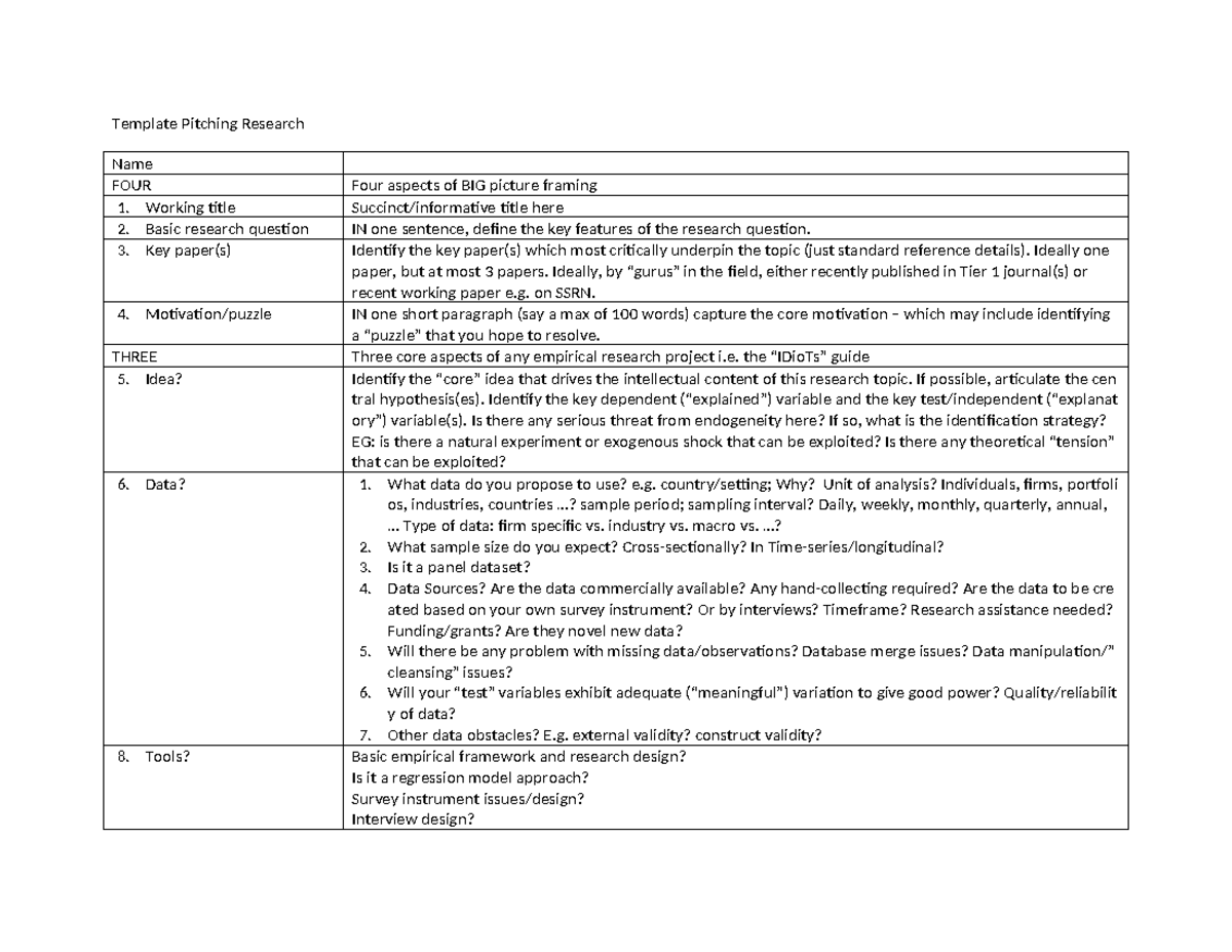 Pitching Research Template for Empirical Studies: A Guide - Studocu