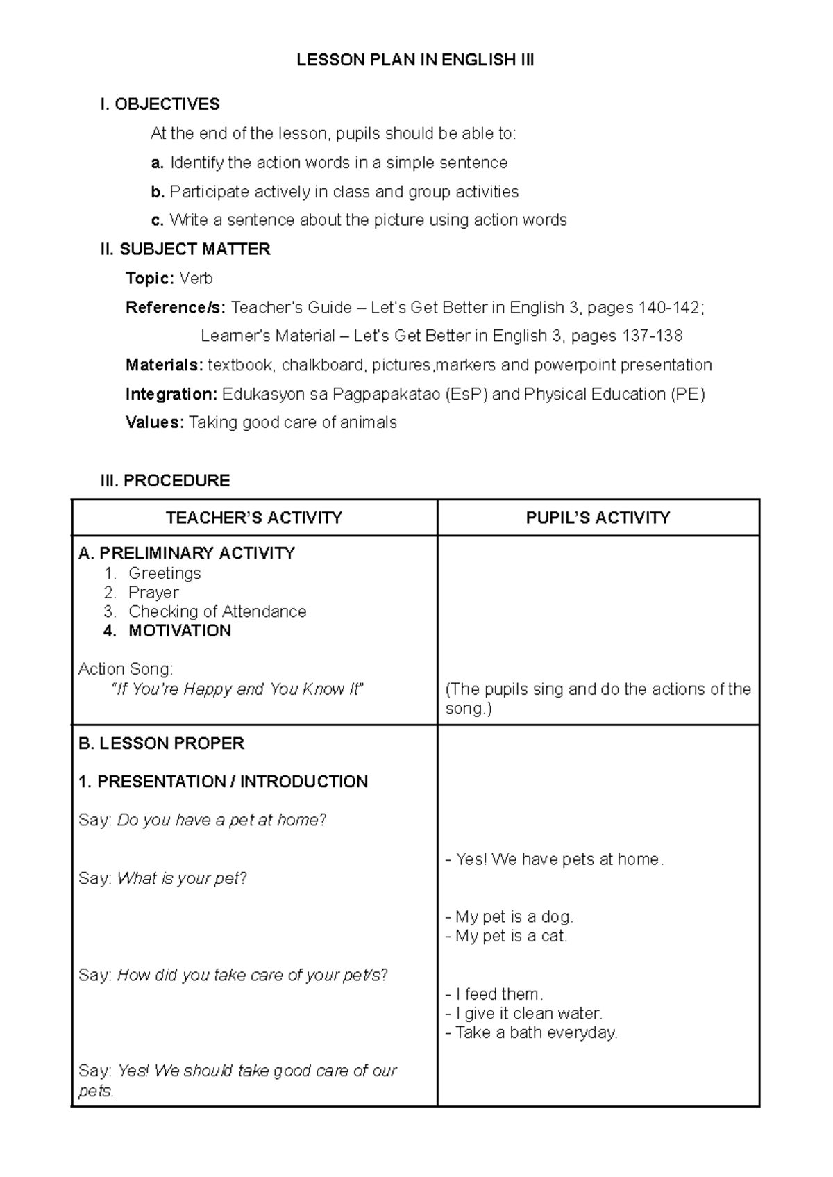Lesson Plan for English I: Understanding Action Words and Verbs - Studocu