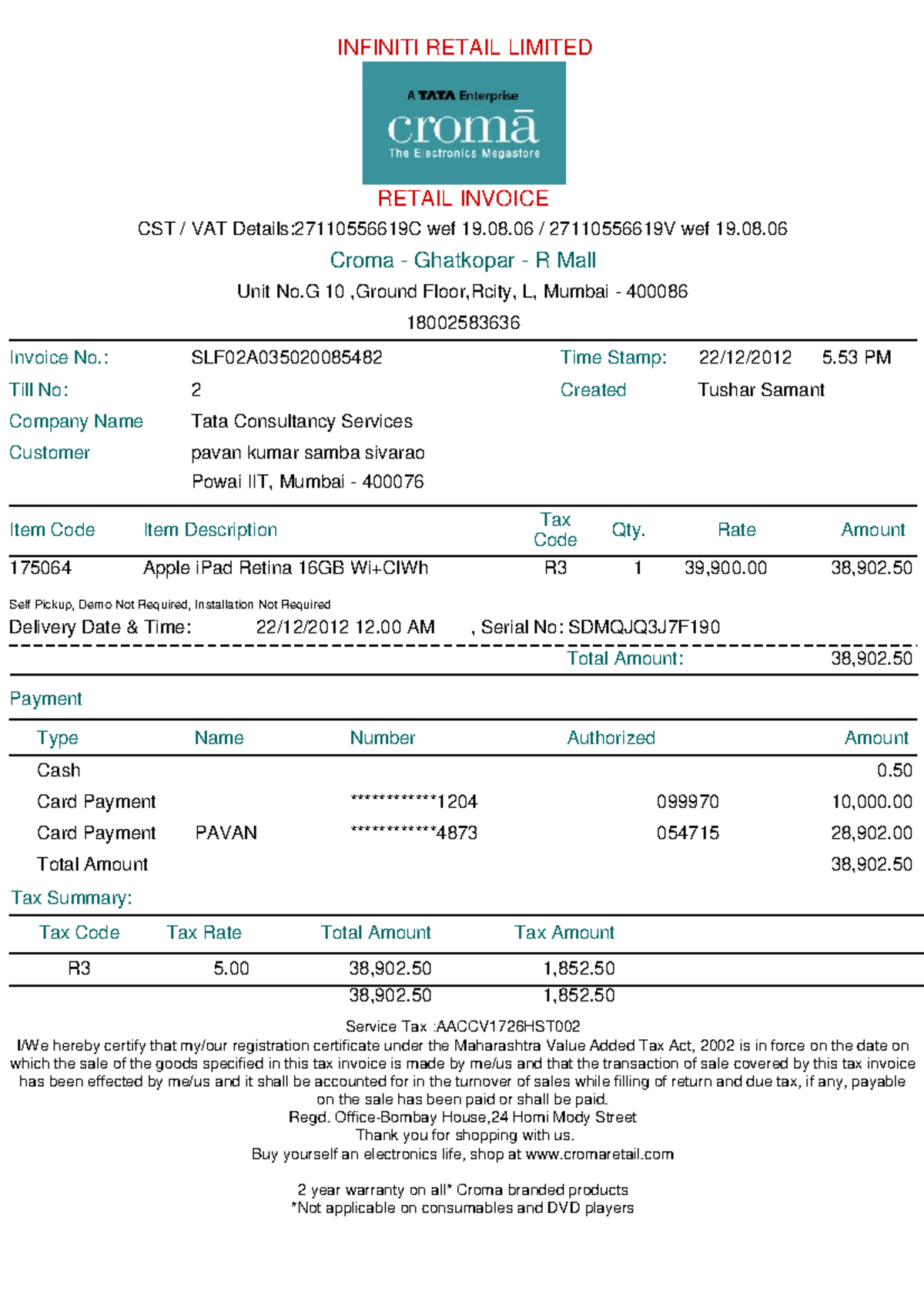 12015 4376-gs-1 - invoice - RETAIL INVOICE Croma - Ghatkopar - R Mall ...