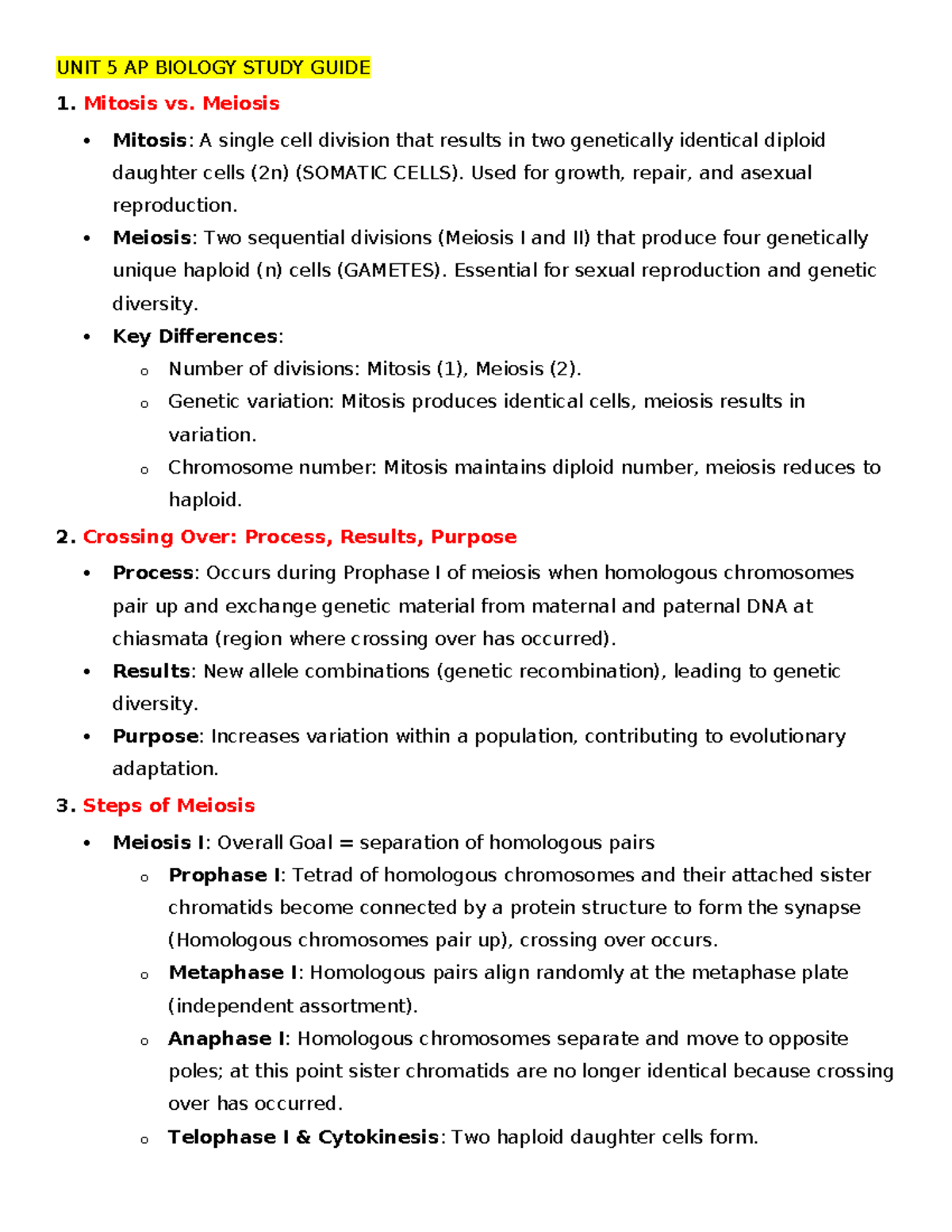 Unit 5 AP Biology Study Guide: Mitosis, Meiosis, and Genetics - Studocu