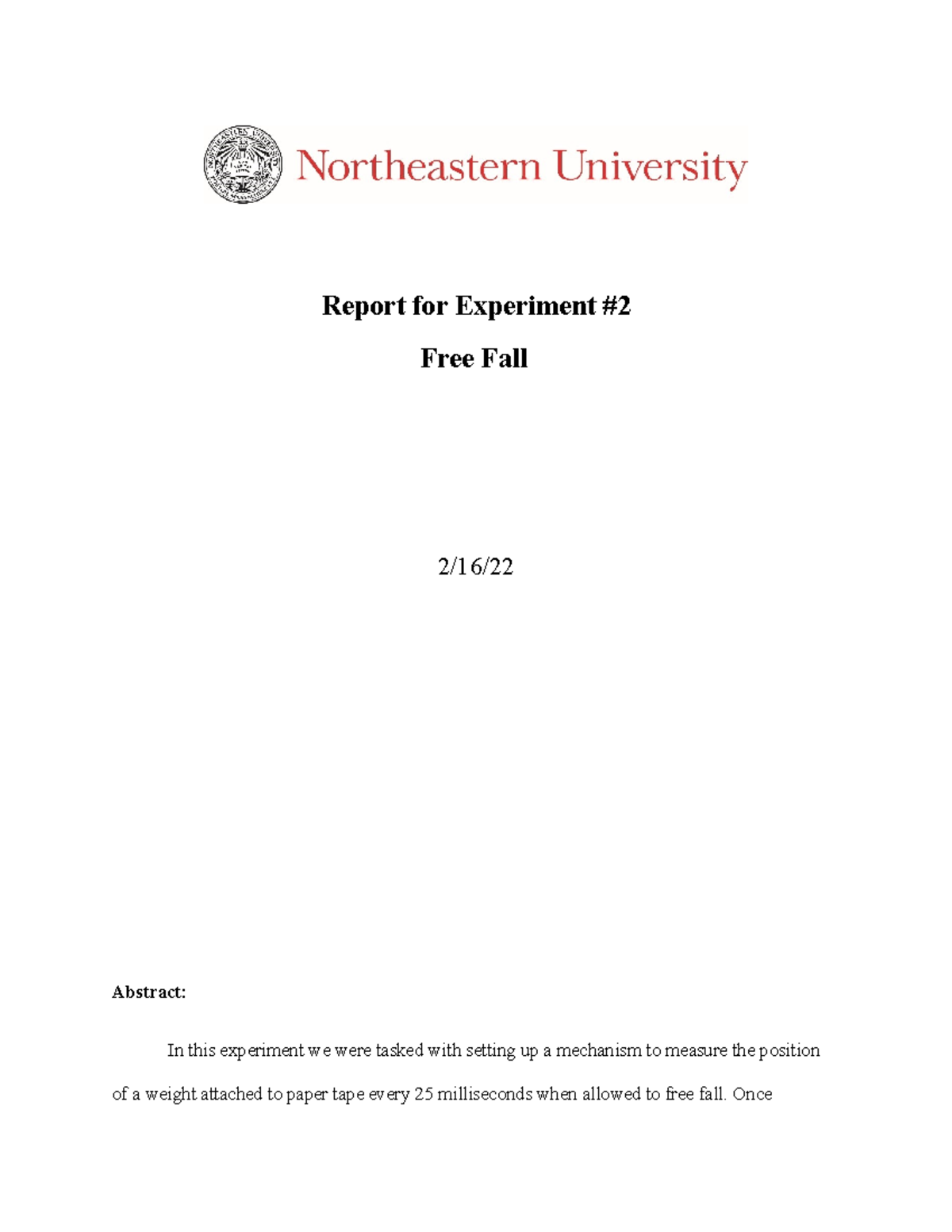 Lab Report #2 Free-fall - Report for Experiment Free Fall 2/16 ...