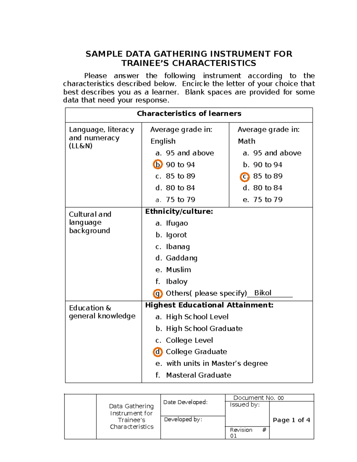 DATA Gathering Instrument for Trainee Characteristics Assessment - Studocu