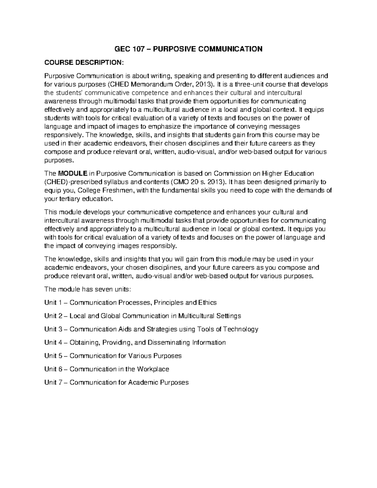 GEC 107 - Purposive Communication Course Syllabus 2024 - Studocu