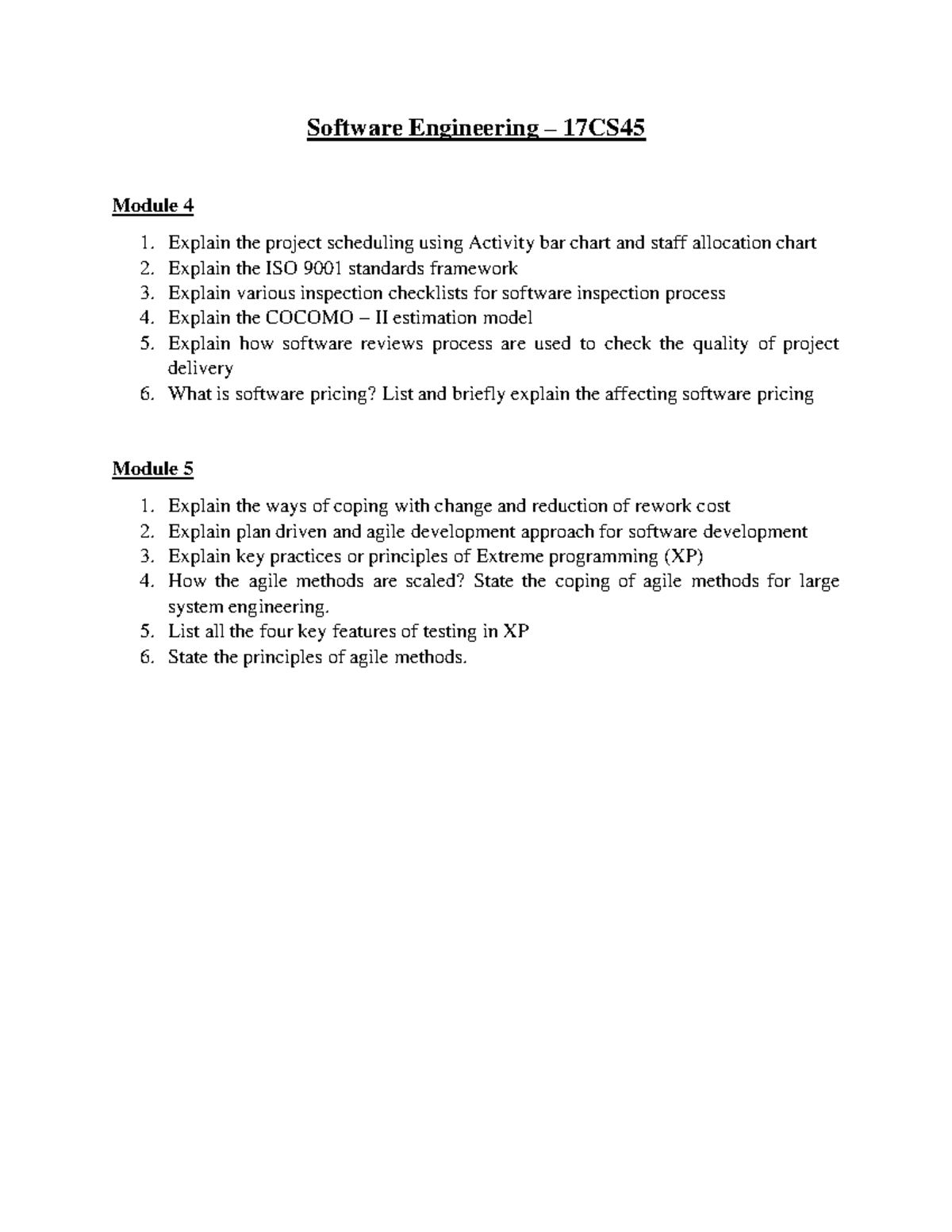 SOFTWARE ENGINEERING MODULE WISE QUESTIONS - Software Engineering – 17CS Module 4 1. Explain the ...