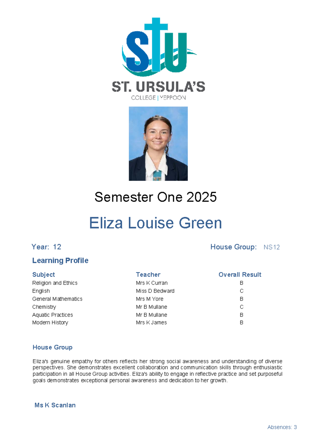Year 12 Semester 1 2025 Report: Eliza Louise Green's Marks - Studocu