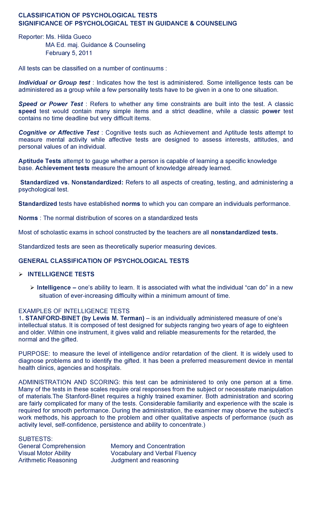 Classification of Psychological Tests: Significance in Guidance ...