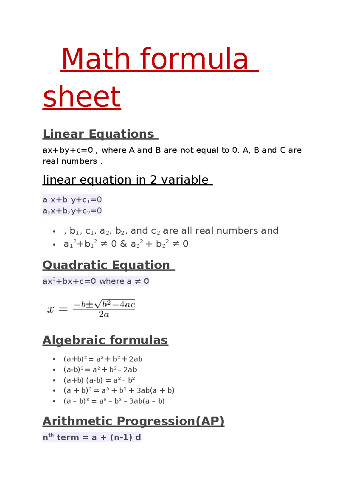 Math formula sheet - Math formula sheet Linear Equations ax+by+c=0 ...