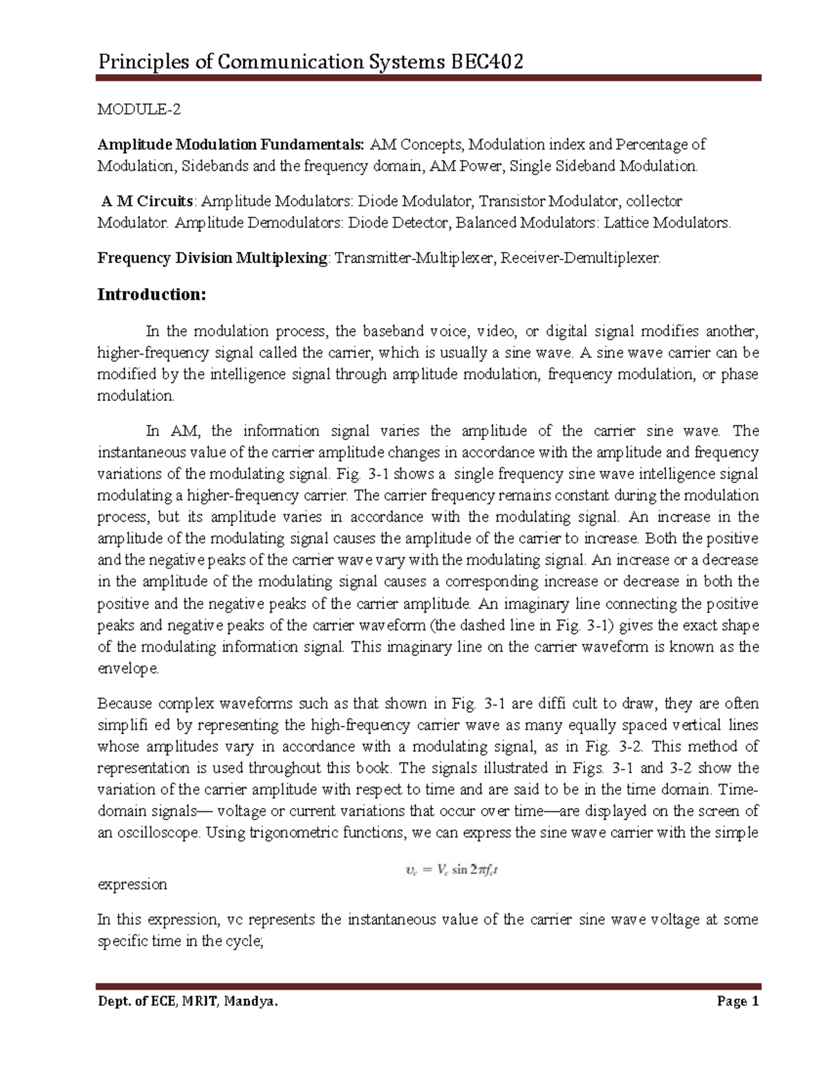 Principles of Communication Systems BEC402: Amplitude Modulation ...