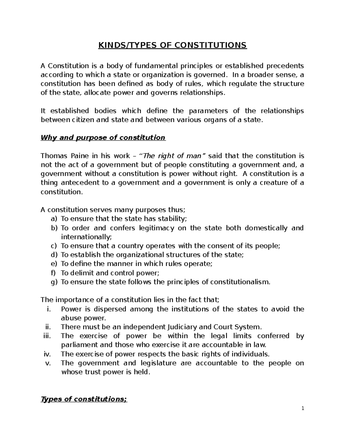 Kinds OR Types OF Constitutions - KINDS/TYPES OF CONSTITUTIONS A ...