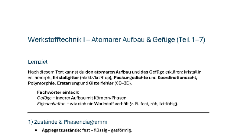 Werkstofftechnik I – Atomarer Aufbau und Gefüge Übersicht - Studocu