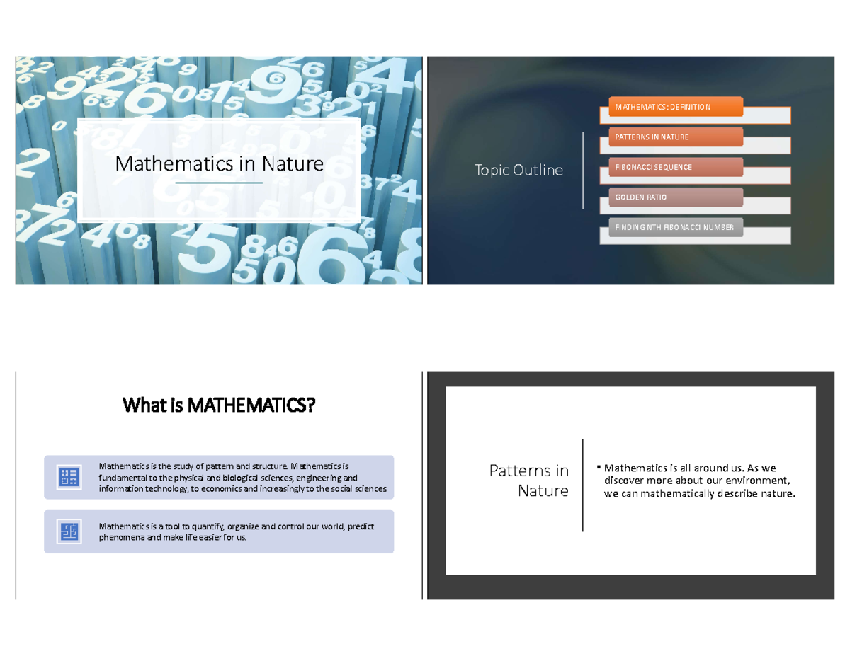 Discussion Handouts Mathematics in Nature 2x2 - Mathematics in Nature ...
