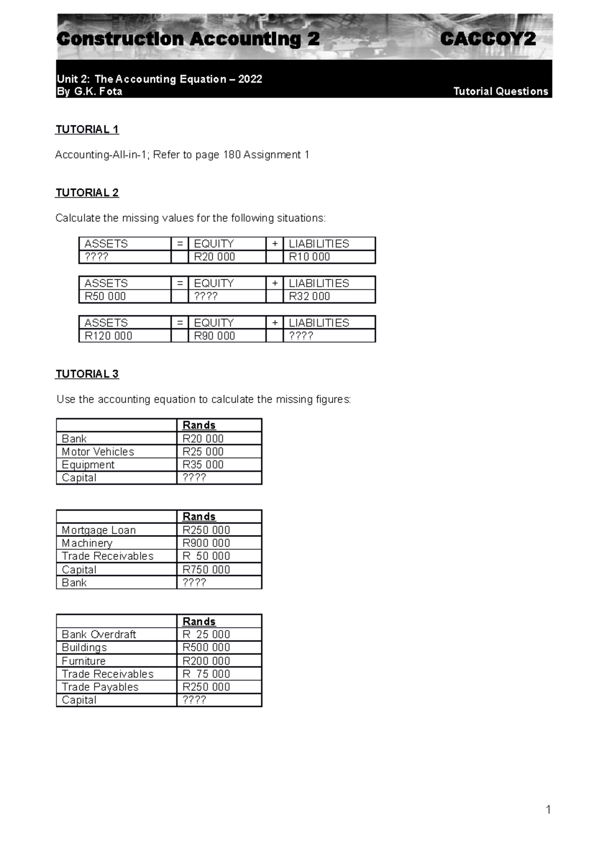 LU2 - tutorial questions 2022 - Construction Accounting 2 CACCOY Unit 2 ...