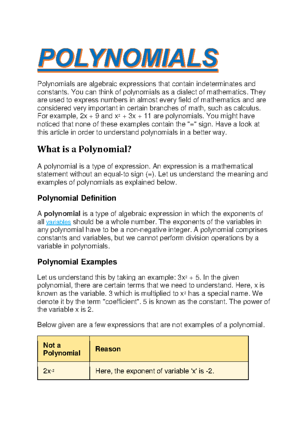 Polynomials: Types, Properties & Operations Explained in Detail - Studocu