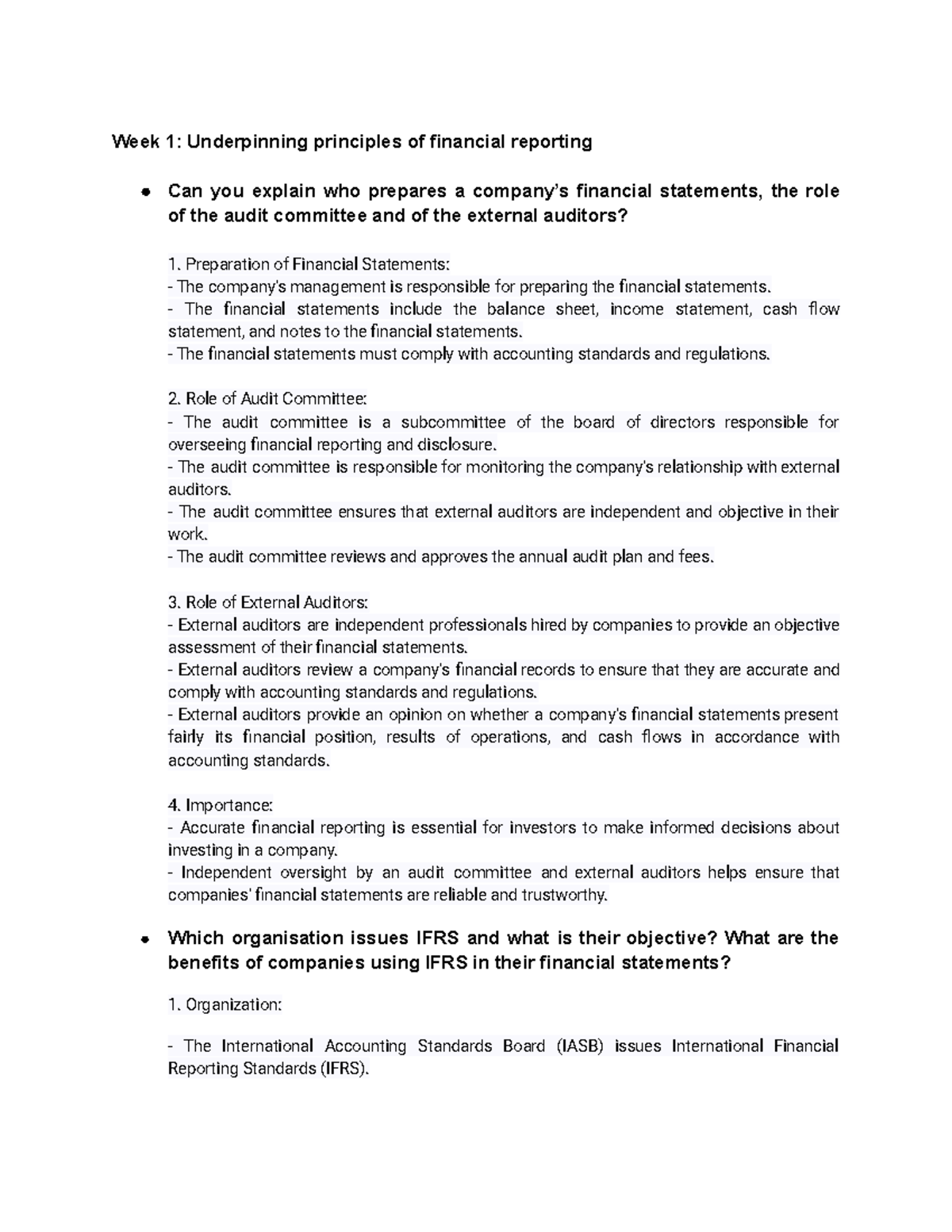 Revision Checklist FR1 - Week 1: Underpinning principles of financial ...