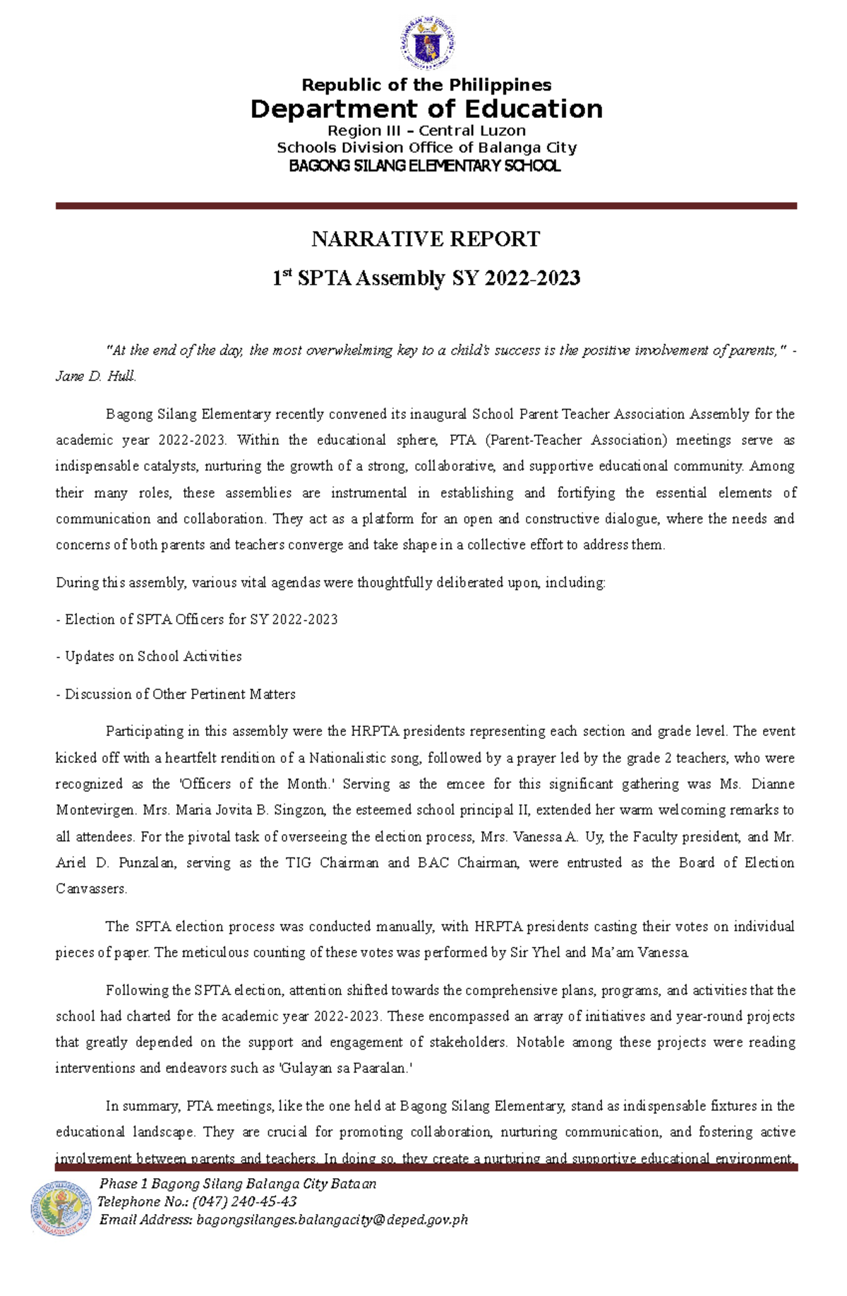 SPTA- Narrative Report on Inaugural Assembly SY 2022-2023 - Studocu