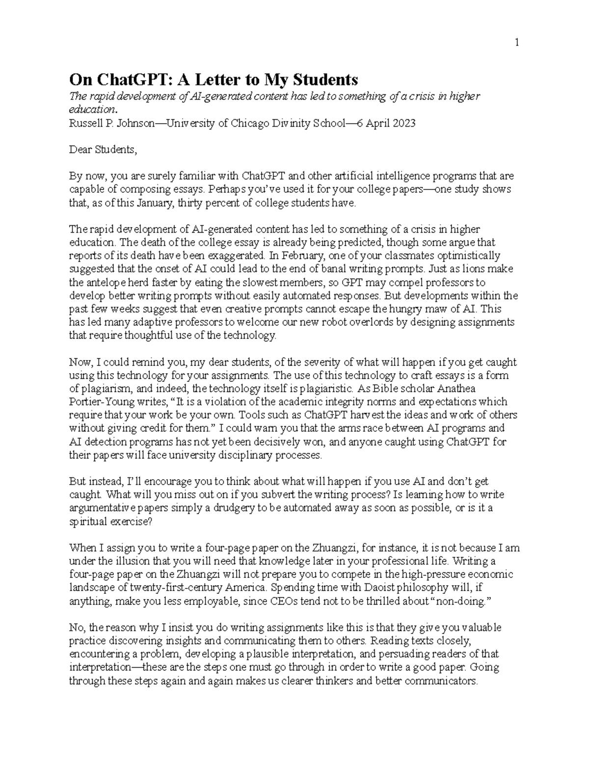 1 On ChatGPT: A Letter to My Students on AI and Academic Integrity ...