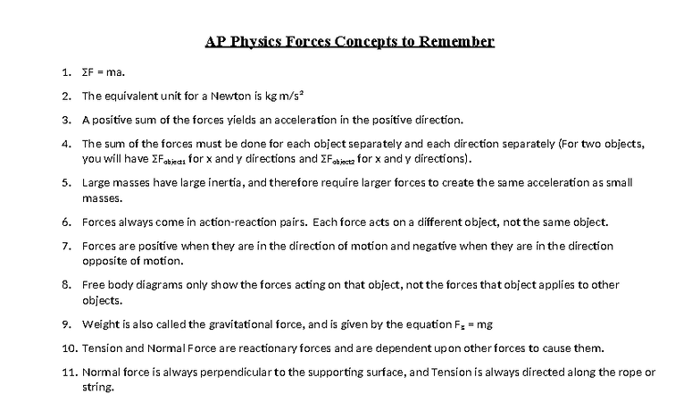 AP Physics Forces Concepts Review: Key Principles and Equations - Studocu