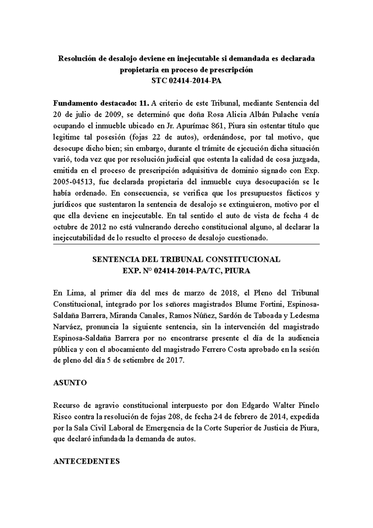 STC 02414-2014-PA: Inejecutabilidad del Desalojo por Prescripción ...