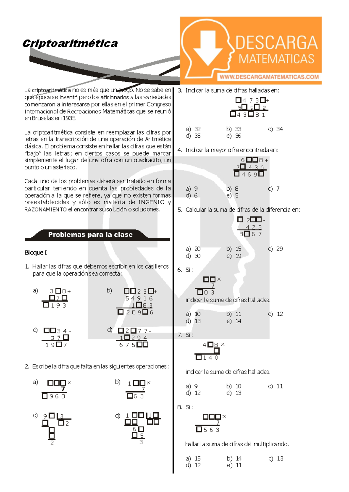 Criptoaritmética: Ejercicios y Soluciones Detalladas - Studocu