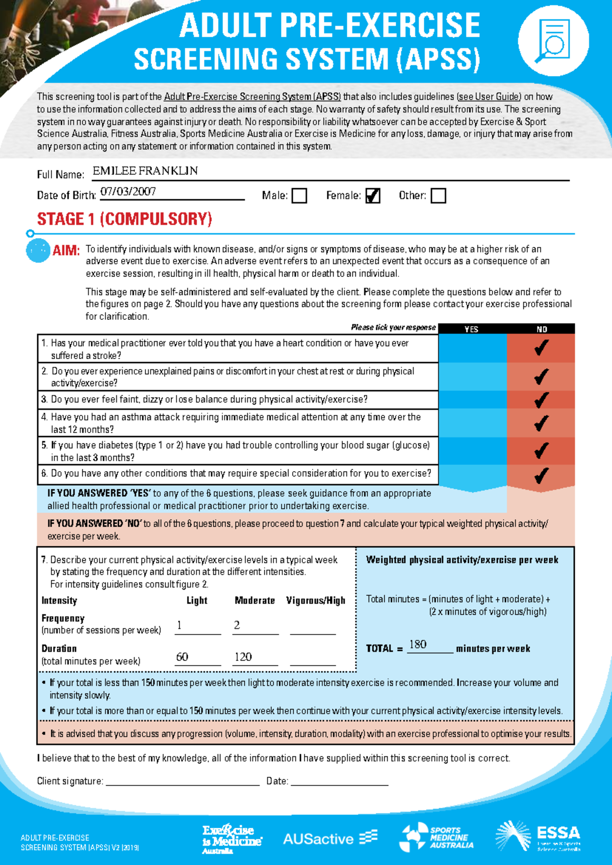 ESSA APSS Adult Pre-Exercise Screening Tool - Lab 5 - Studocu