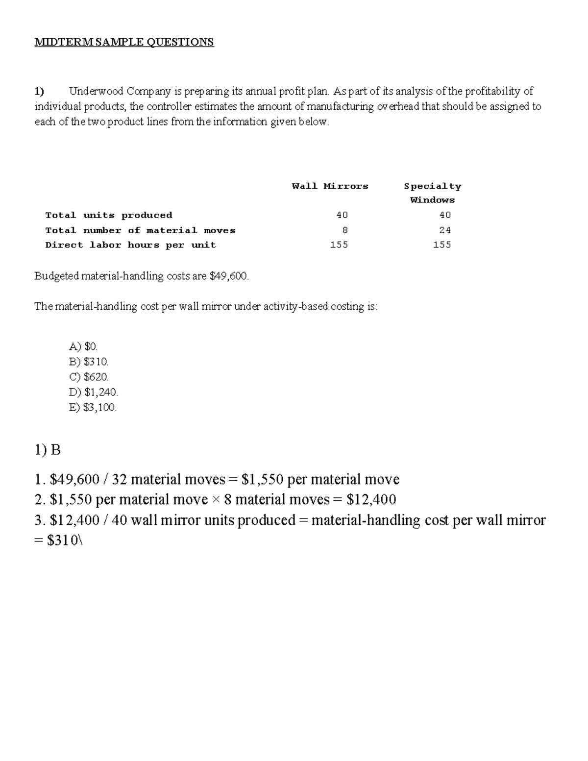 MIDTERM SAMPLE QUESTIONS FOR ACCOUNTING 101: OVERHEAD & COSTING - Studocu