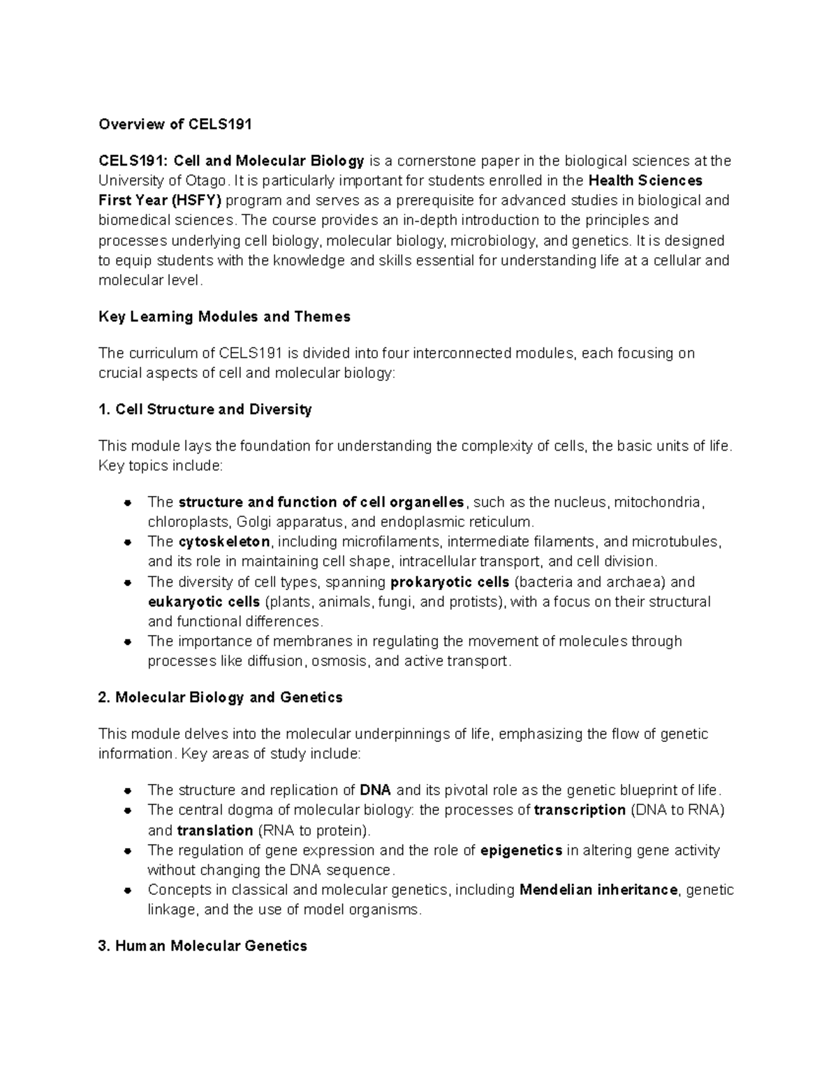 Cels191: Overview of cell and molecular biology principles and modules ...