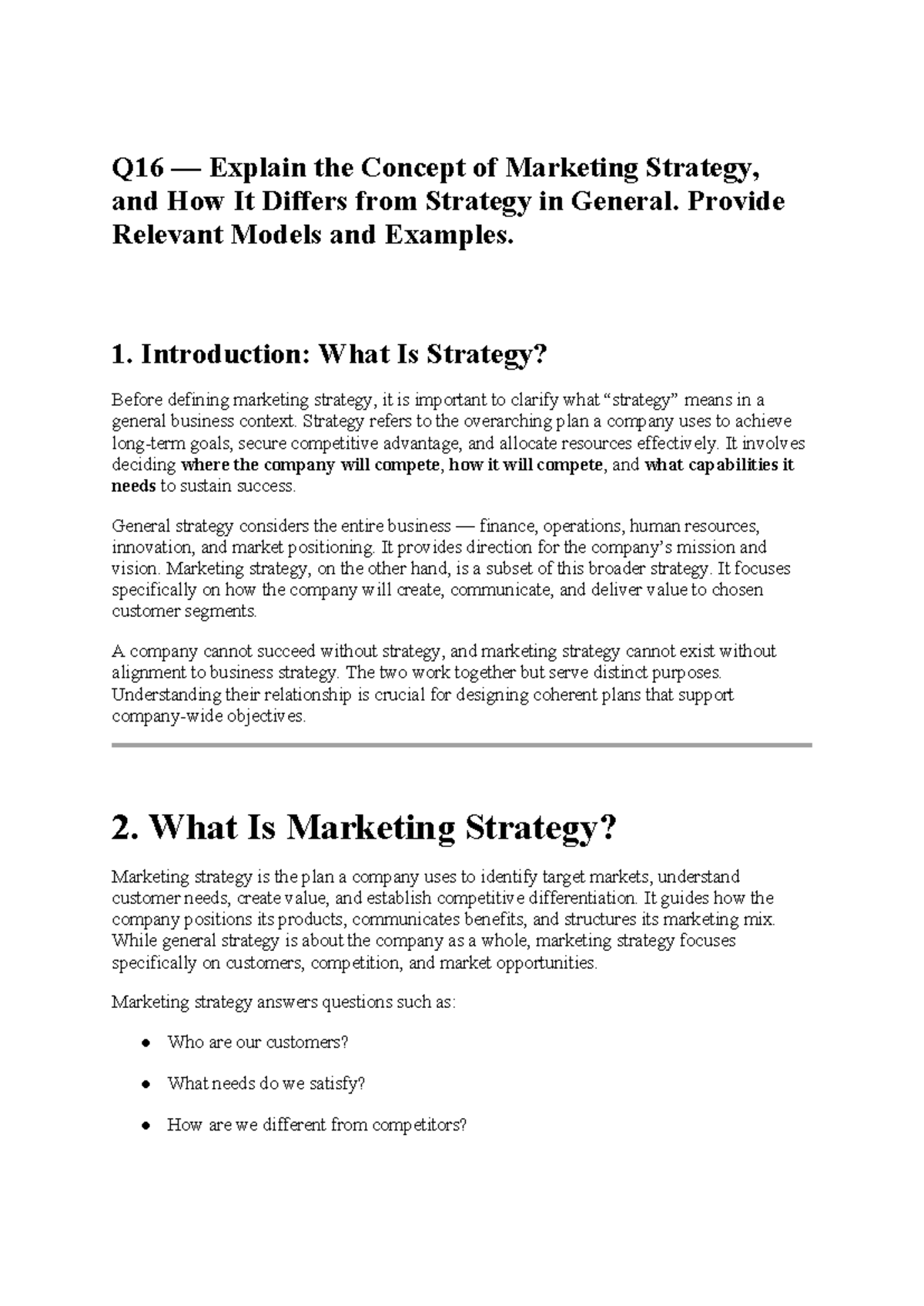 Q16: Understanding Marketing Strategy vs. General Strategy - Models ...