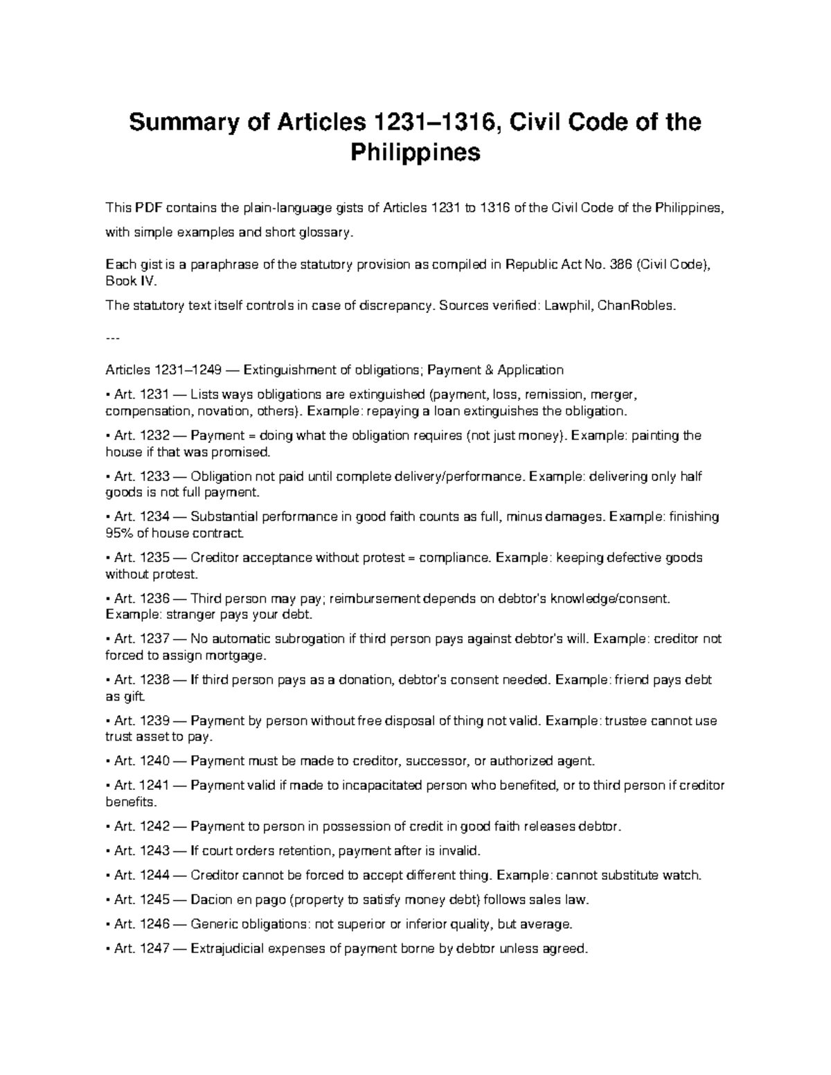 Civil Code of the Philippines: Summary of Articles 1231-1316 - Studocu
