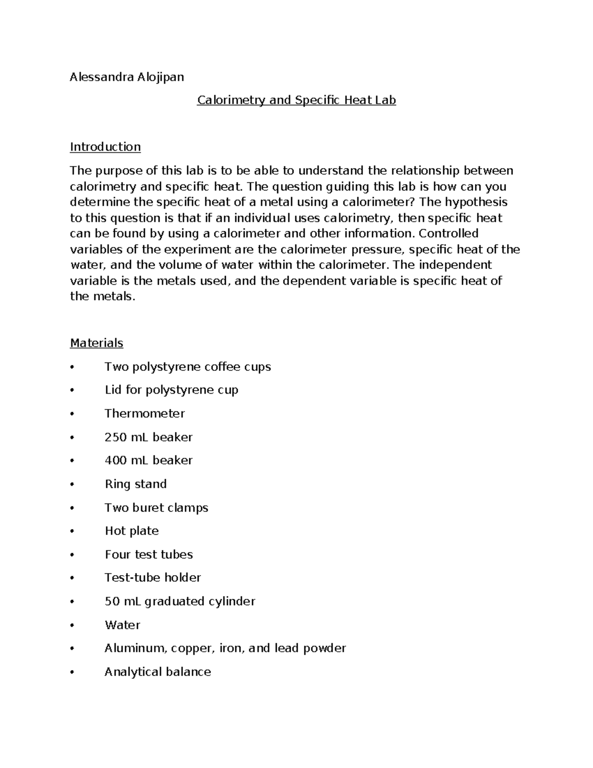 Calorimetry and Specific Heat Lab (CHEM 101) - Experiment Overview ...