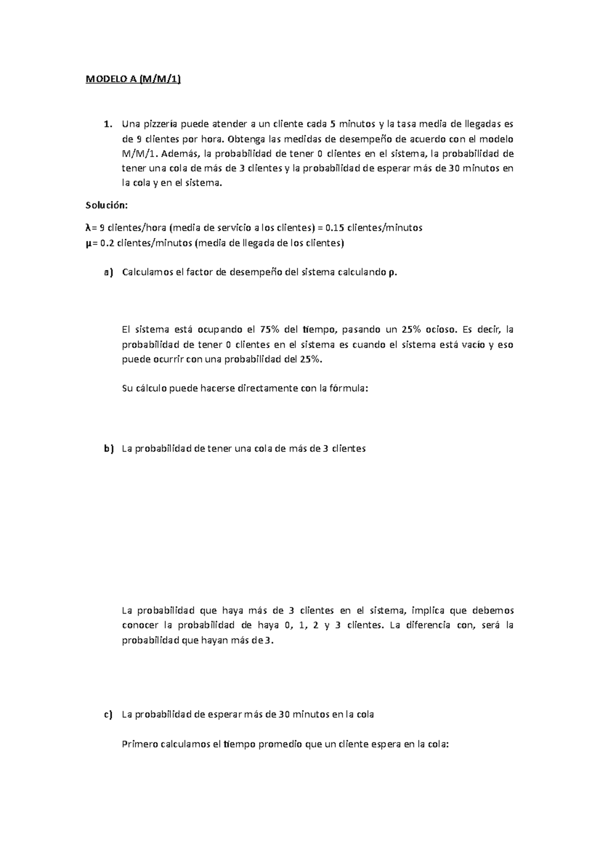 Ejercicios del Modelo A (M/M/1) - Teoría de Colas - Análisis de ...