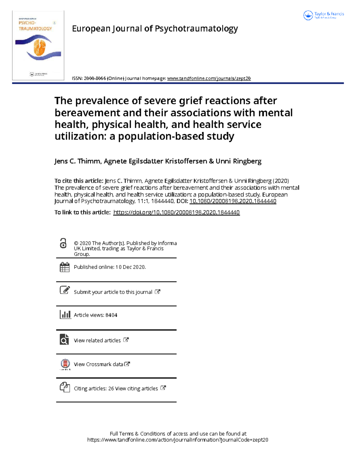 Prevalence of Severe Grief Reactions Post-Bereavement: Mental ...