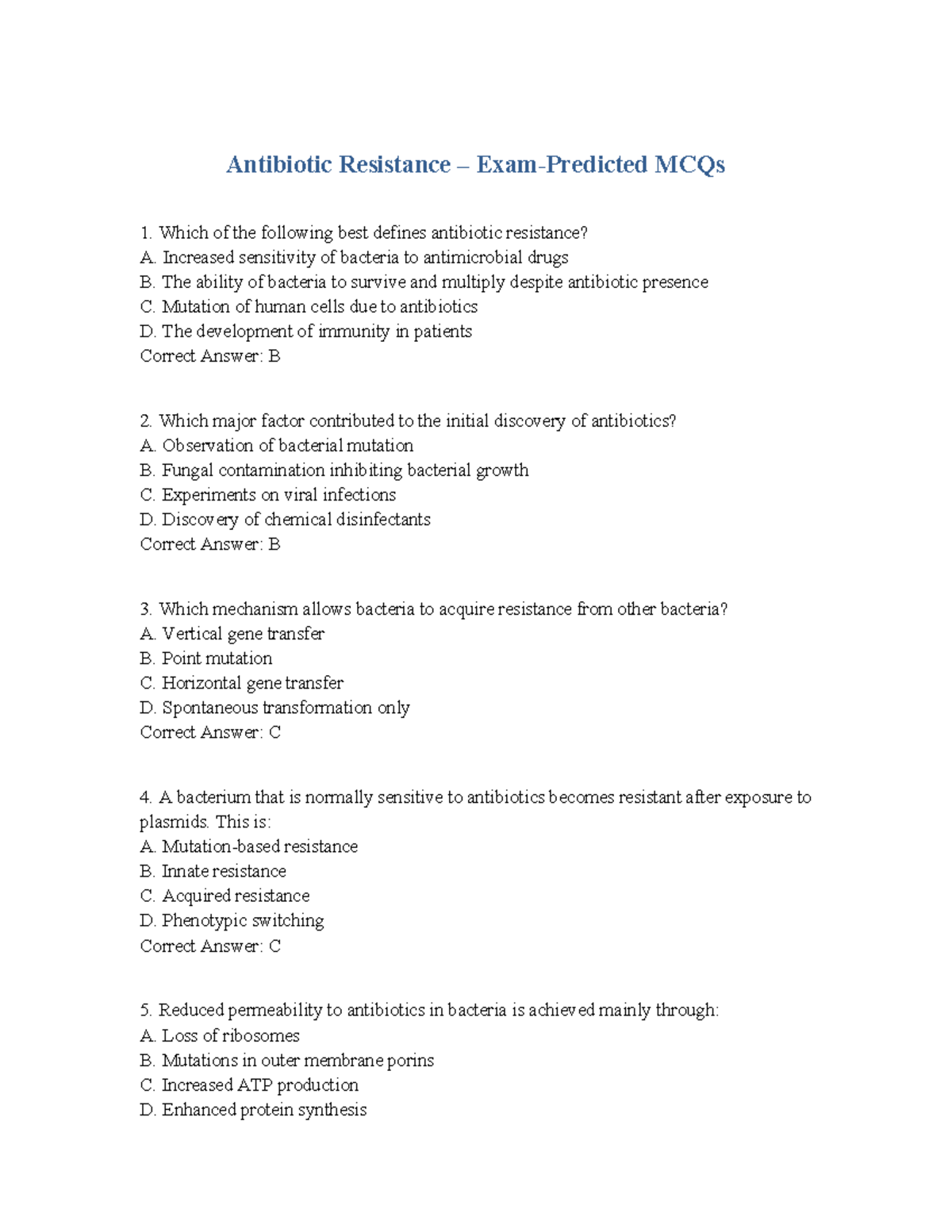 Antibiotic Resistance MCQs: Key Concepts and Questions - Studocu