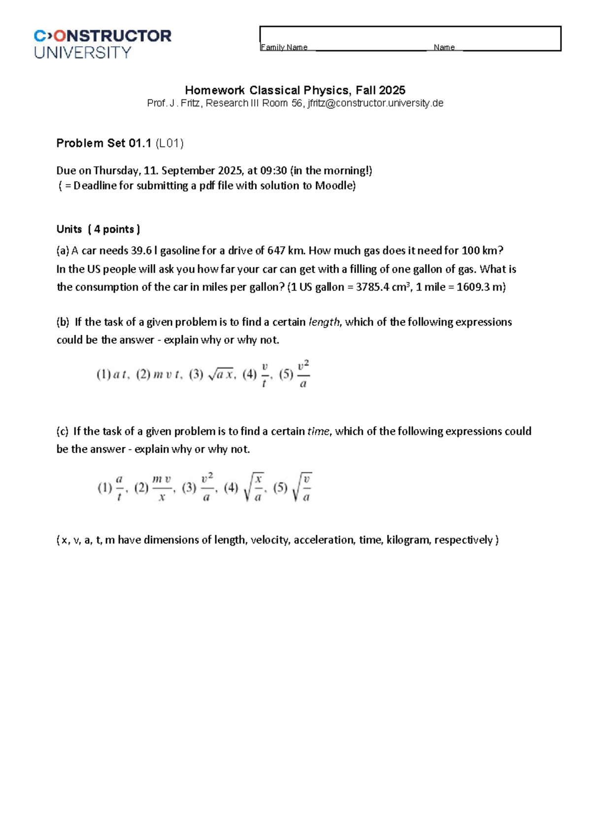 Class Phys F2025 Problem Set 01.1: Gas Consumption & Dimensions - Studocu