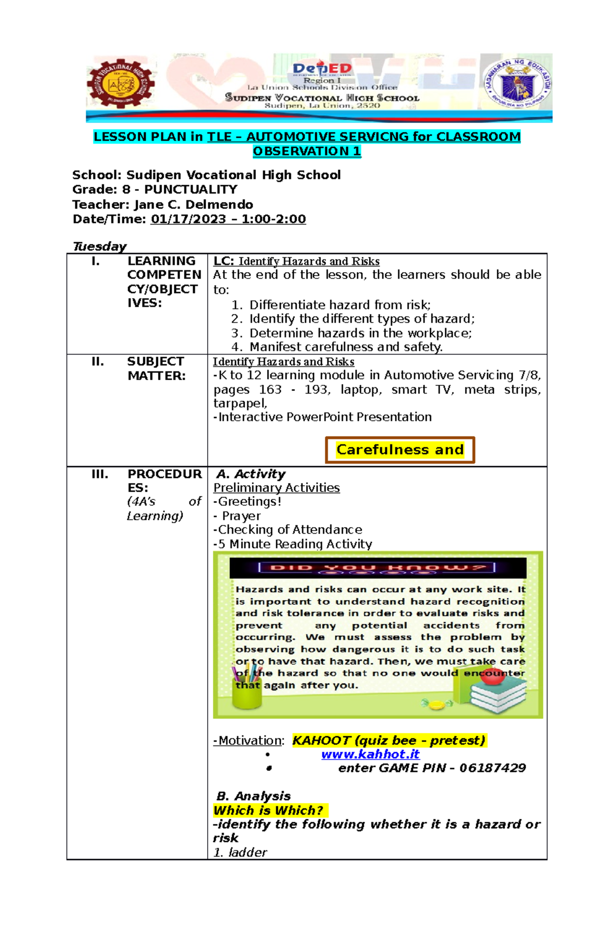 DLP in TLE-IA Automotive Servicing 8 for COT1 2023 - LESSON PLAN in TLE ...