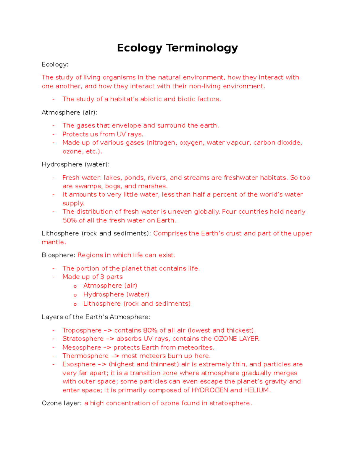 Ecology Terminology: Key Concepts and Definitions for Course ECOL101 ...
