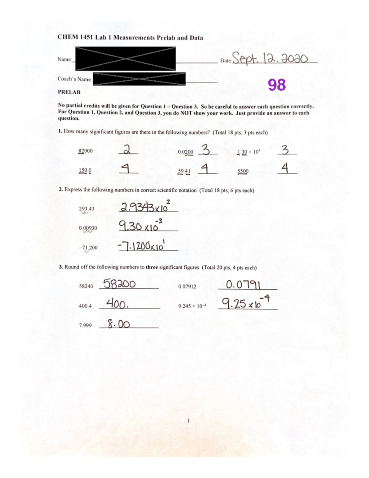Pre Lab 1 - lab - CHEM 1451 Lab 1 Measurements Prelab and Data Name ...